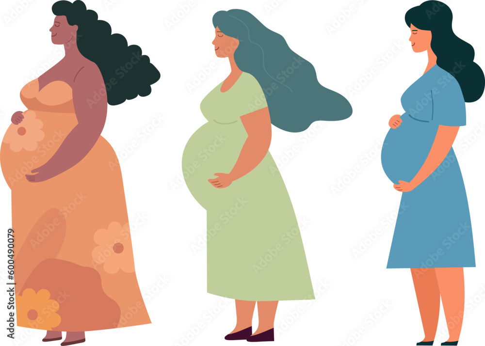 Pregnant female characters. Pregnant women. Flat cartoon vector ...