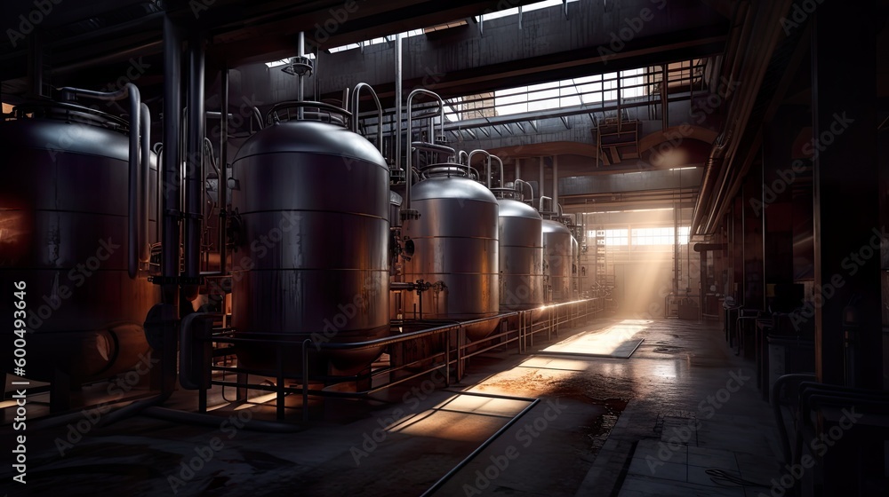 Abandoned, forgotten brewery, old damaged factory, daylight. Generative ...
