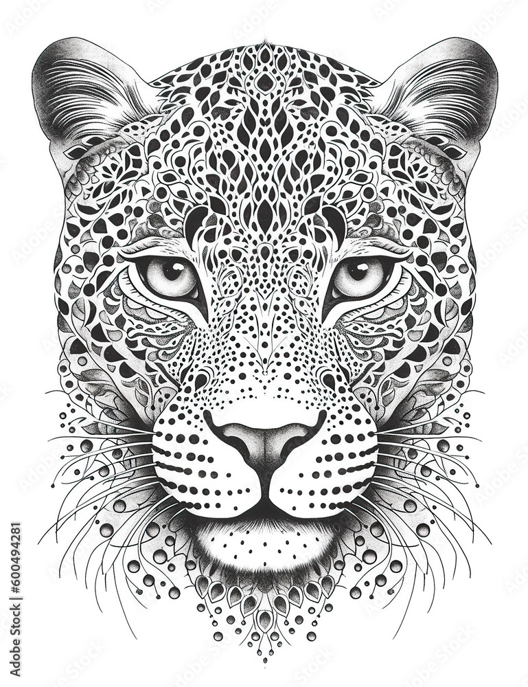 leopard head, black white illustration, outline for coloring book page ...