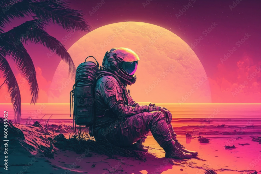 Astronaut sitting on the beach with a view of the planet, digital art ...