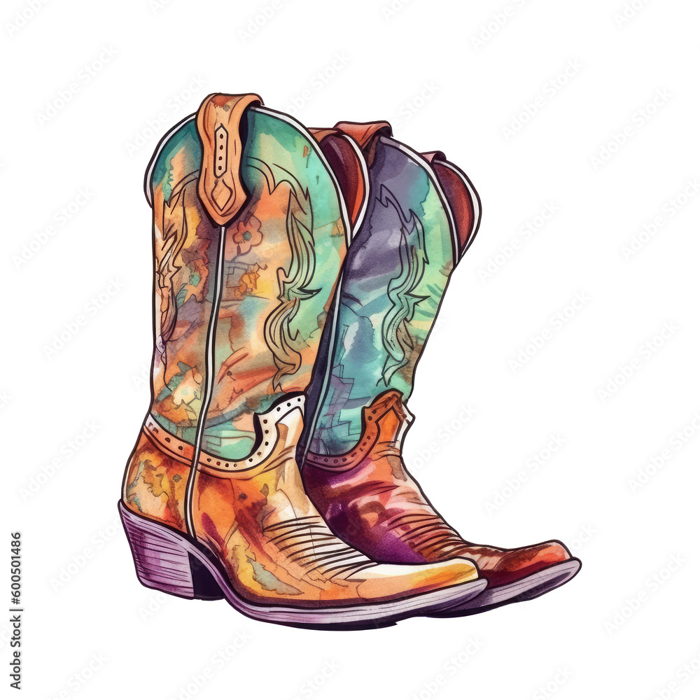 A retro-inspired watercolor illustration of cowgirl boots, with a ...