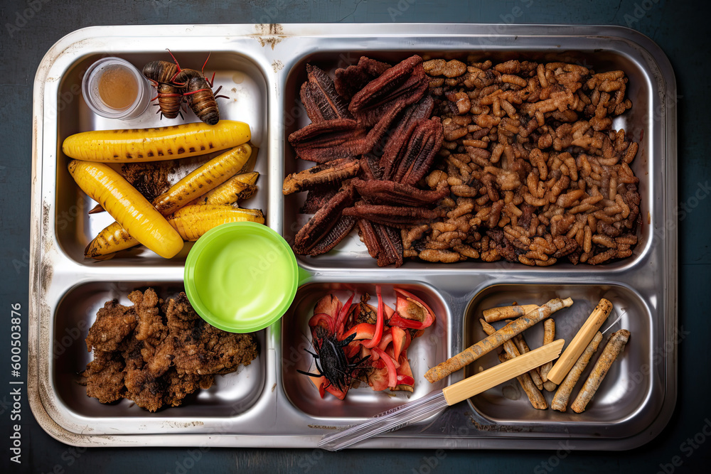 Overhead shot school lunch tray of cooked insects and bugs school food ...