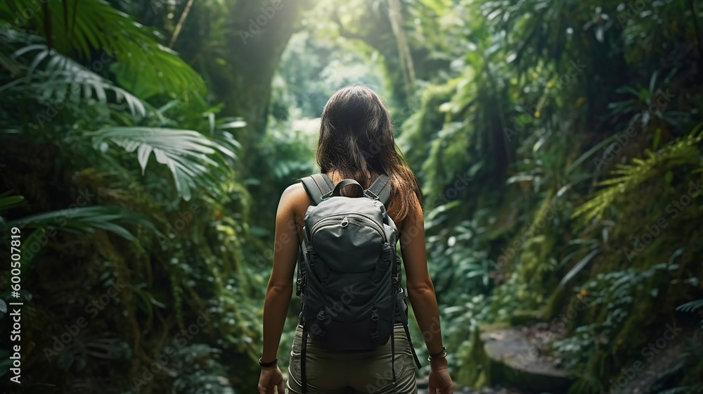 hiking woman in tropical jungle backpacker. Generative Ai Stock ...