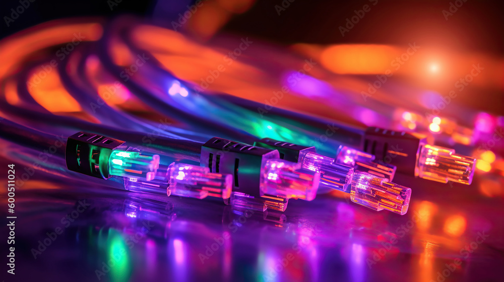 wires and cables inside a computer with LED lights in the background ...