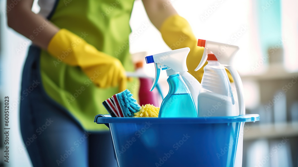 woman standing with a bucket and cleaning products on blurred office ...