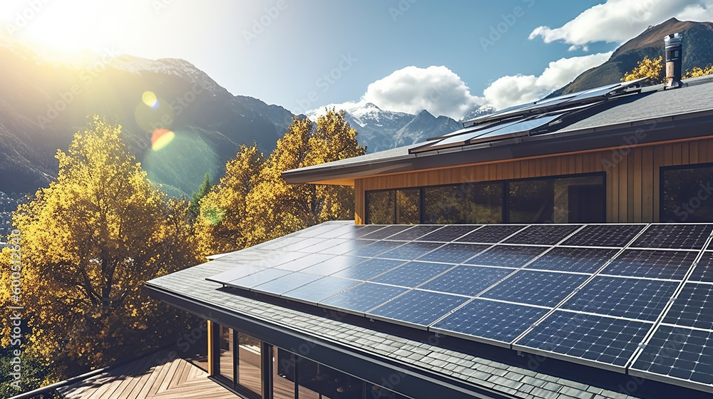 Poster, Foto photovoltaic solar panels in modern house roof. Generative ...