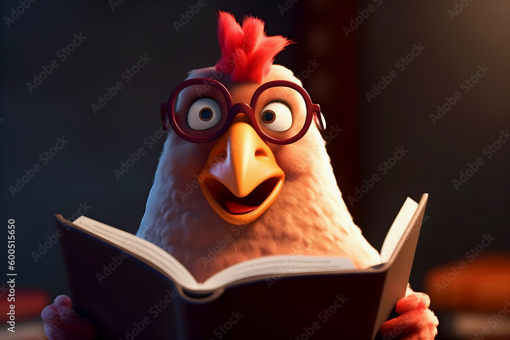 Cartoon white chicken with glasses reading book. Student and learning ...