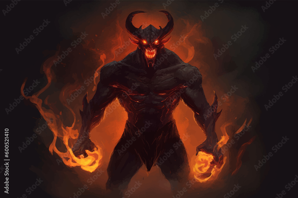 ภาพประกอบสต็อก Devil with horns in the flames of fire. Scary Fantasy ...