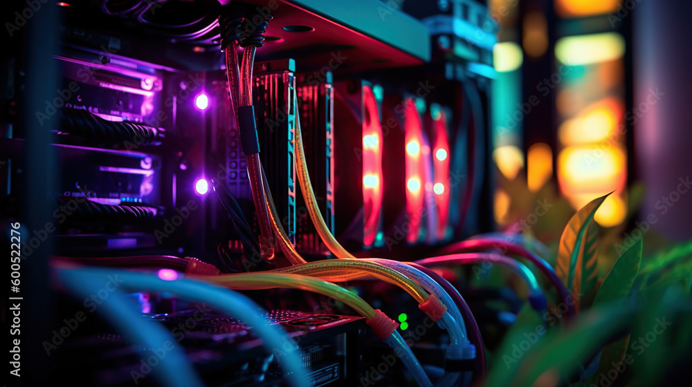 wires and cables inside a computer with LED lights in the background ...
