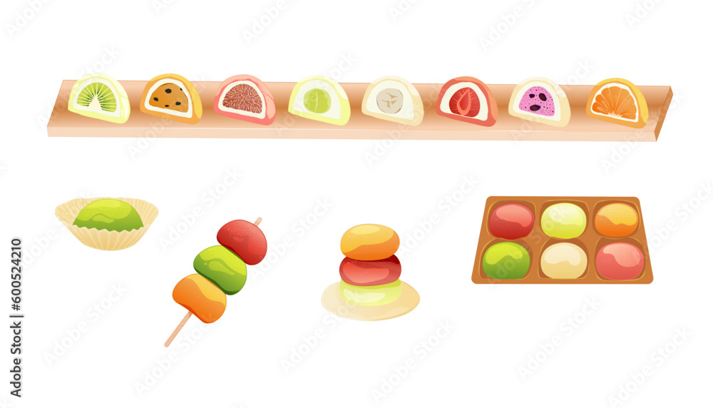 Japanese dessert Mochi. Mochi with different fillings. Mochi in a box ...