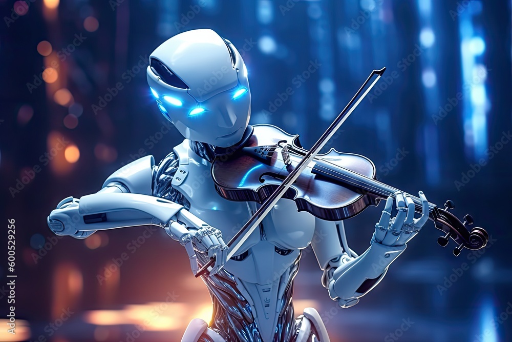 the robot plays the violin by her I.A.-equipped Robot. created with Generative AI technology ...