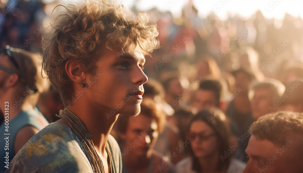 Young handsome party boy, People on music festival in the summer, back ...