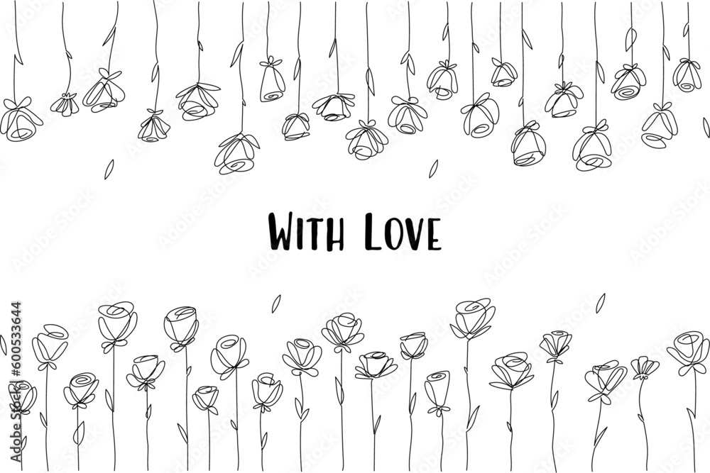 Vector romantic card with single line drawn flowers, roses. Postcard ...