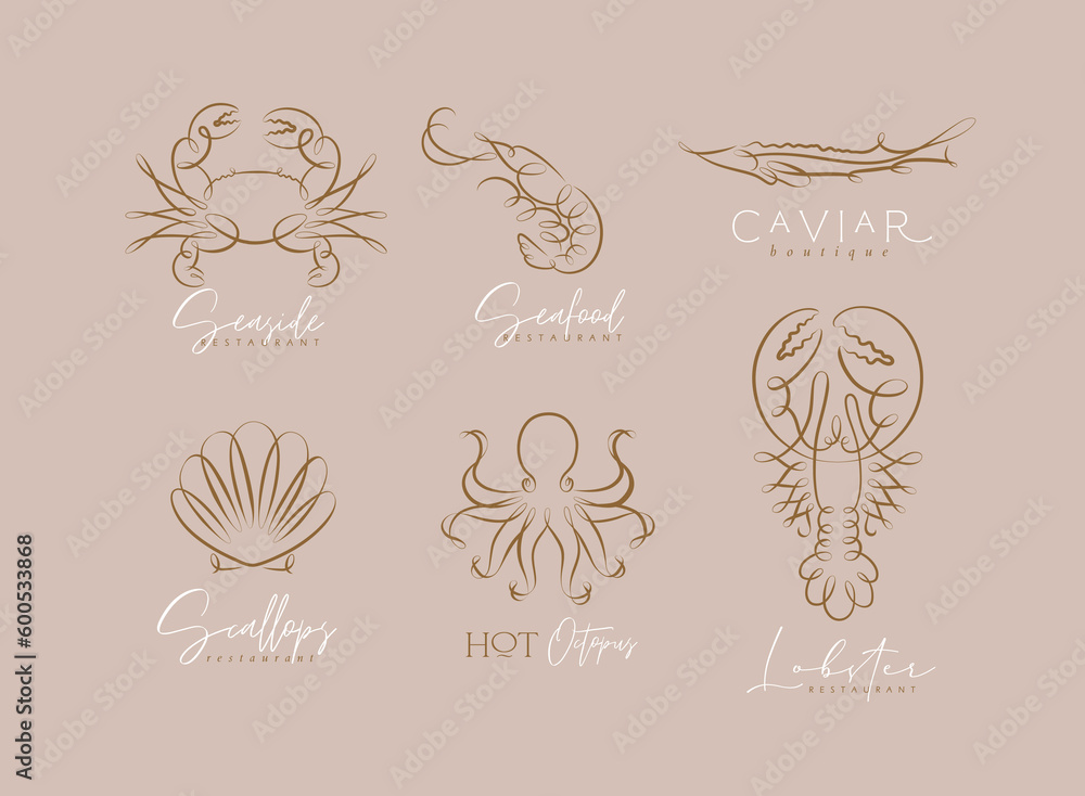 Filigree swirl sea and ocean creatures crab, shrimp, sturgeon, shell ...