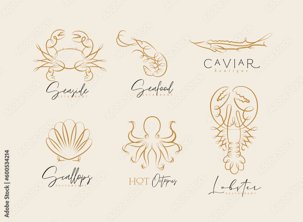 Filigree swirl sea and ocean creatures crab, shrimp, sturgeon, shell ...