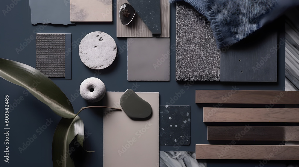 Aesthetic flat lay composition in grey and navy color palette with ...