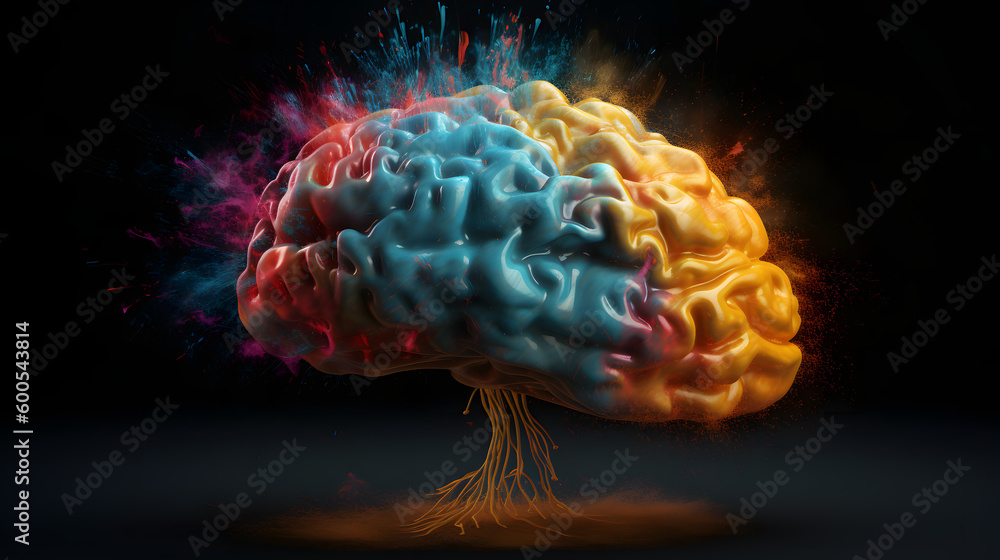 Concept art of a human brain exploding with knowledge, creativity and ...