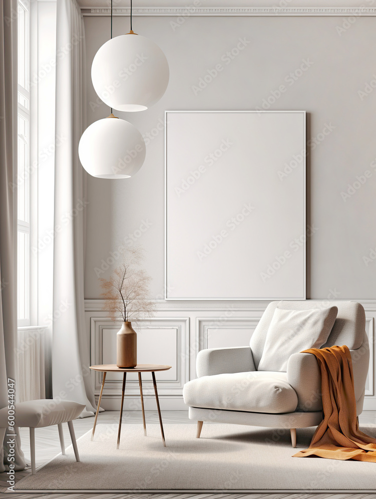 White armchair and poster on the wall. Interior design of modern ...