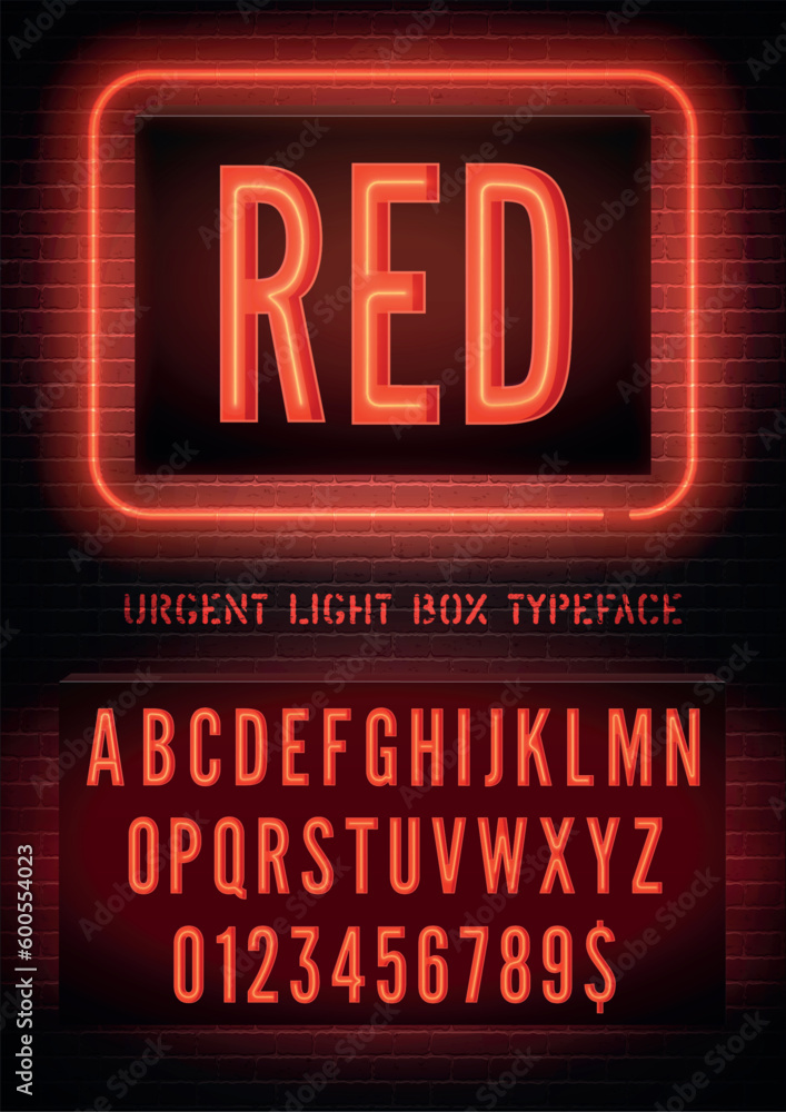 Red sign neon box font with numbers on vector dark brick background ...