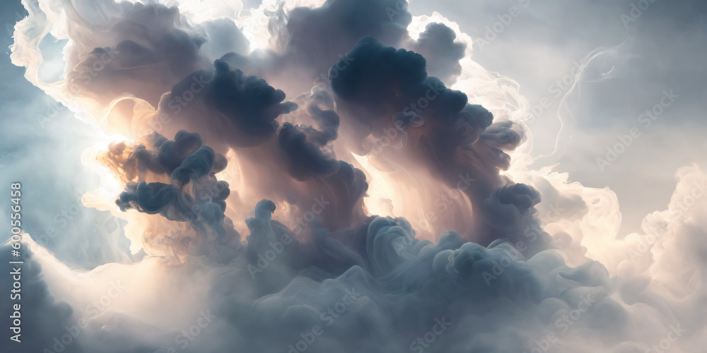 Sky with clouds, wispy smoke, volumetric fog and sunrays. Chaotic storm ...