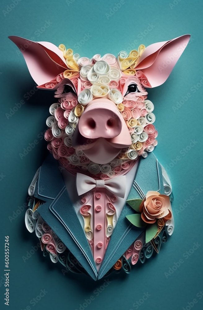 pig in pastel suit multi-dimensional origami quilling style, Generative ...