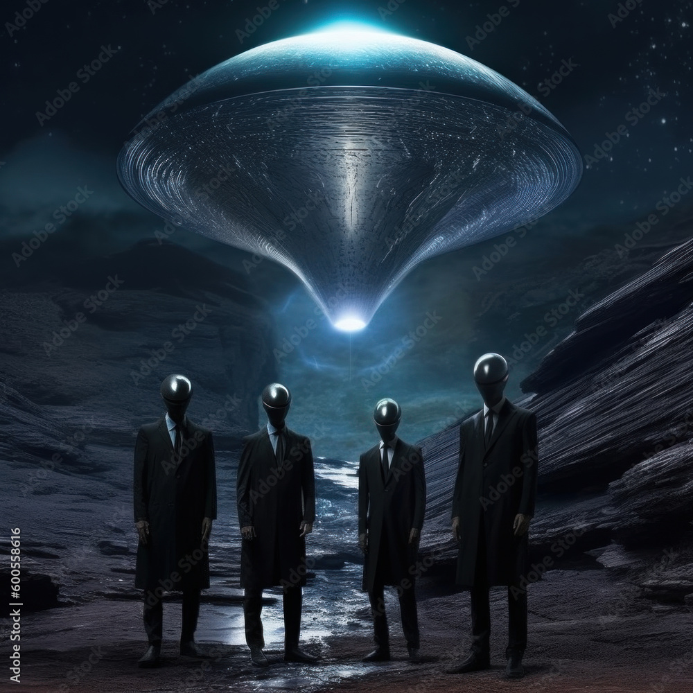 Three figures of alien rulers in chrome masks. Portraits of creatures ...