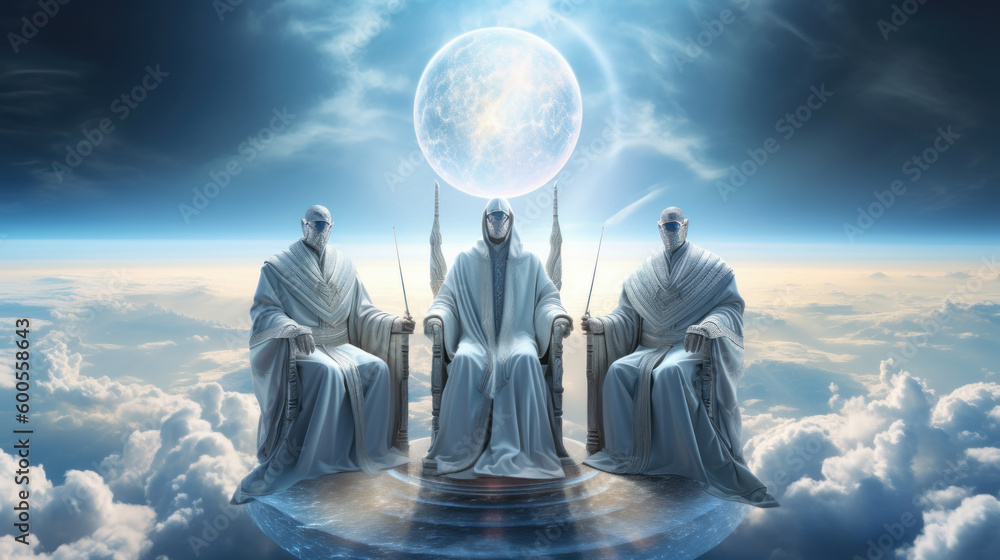 Three figures of alien rulers in chrome masks. Portraits of creatures ...