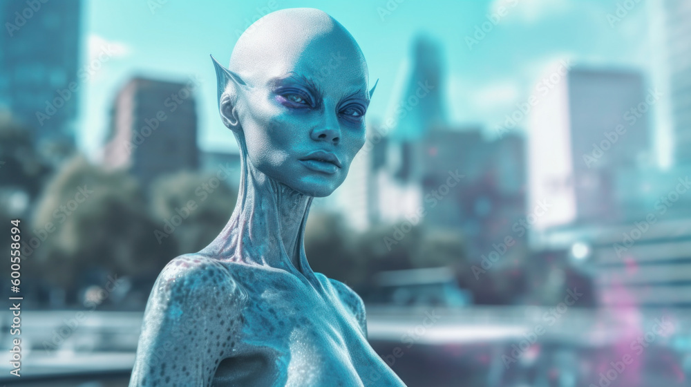Portrait of an alien girl with pale blue skin and big eyes, a race of ...