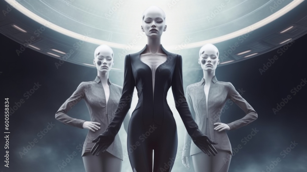 Three figures of alien rulers in chrome masks. Portraits of creatures ...