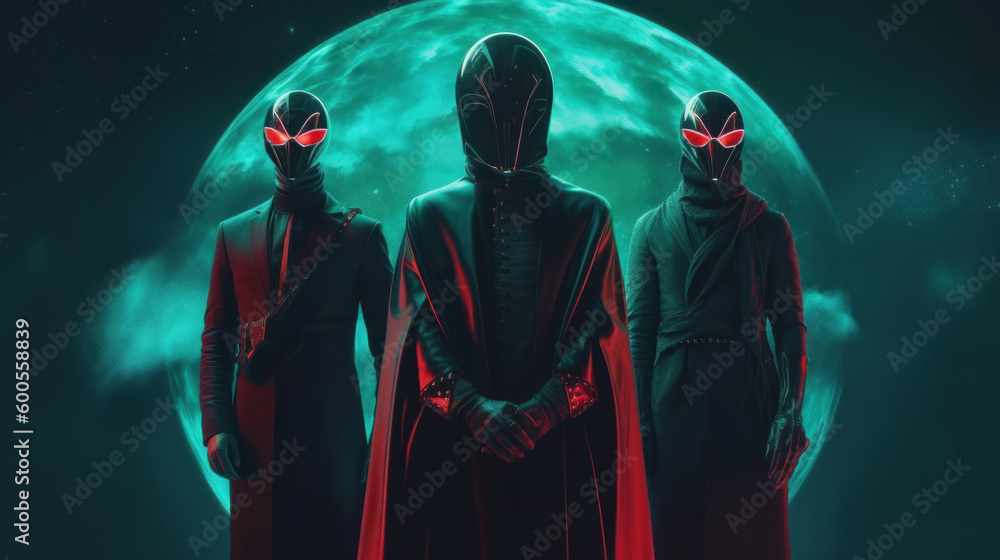 Three figures of alien rulers in chrome masks. Portraits of creatures ...