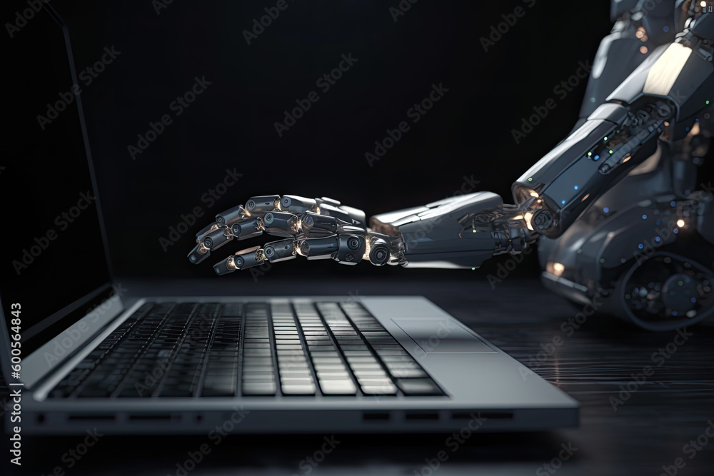 Futuristic robot hand typing and working with laptop keyboard ...