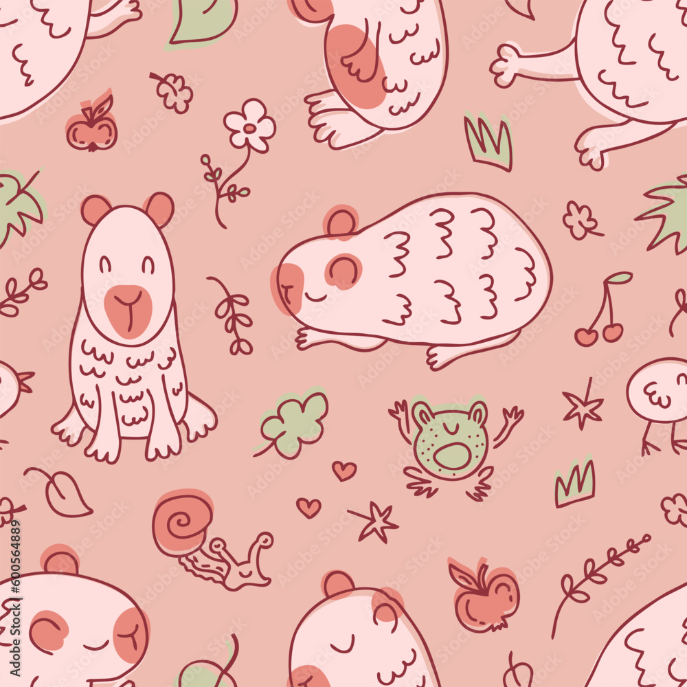 Doodle chibi capybaras seamless pattern in free hand drawn style ...