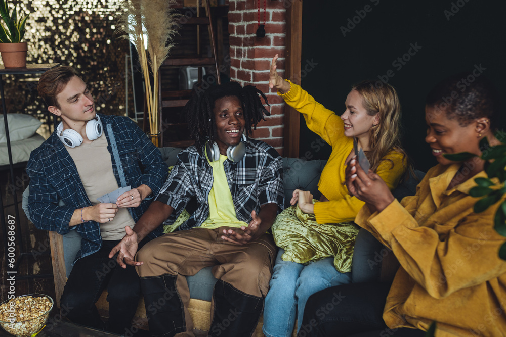 Diverse group of young people, friends, college students gathering ...