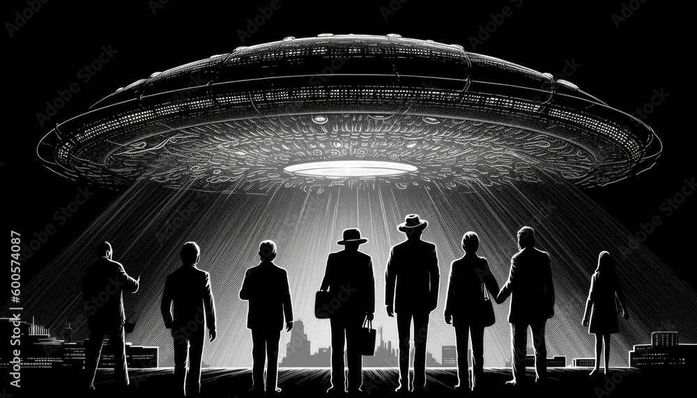 Alien developed beings in contact with people against the backdrop of ...