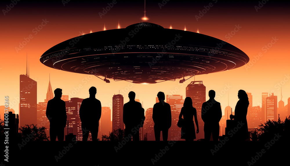 Alien developed beings in contact with people against the backdrop of ...