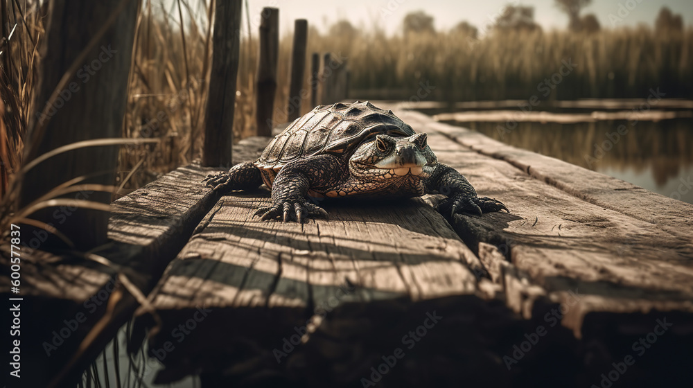 Alligator snapping turtle sunbathing on the old wooden dock Stock Photo | Adobe Stock