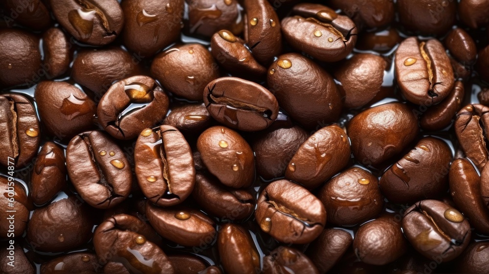 Roasted coffee beans with drops of water background. Green organic ...