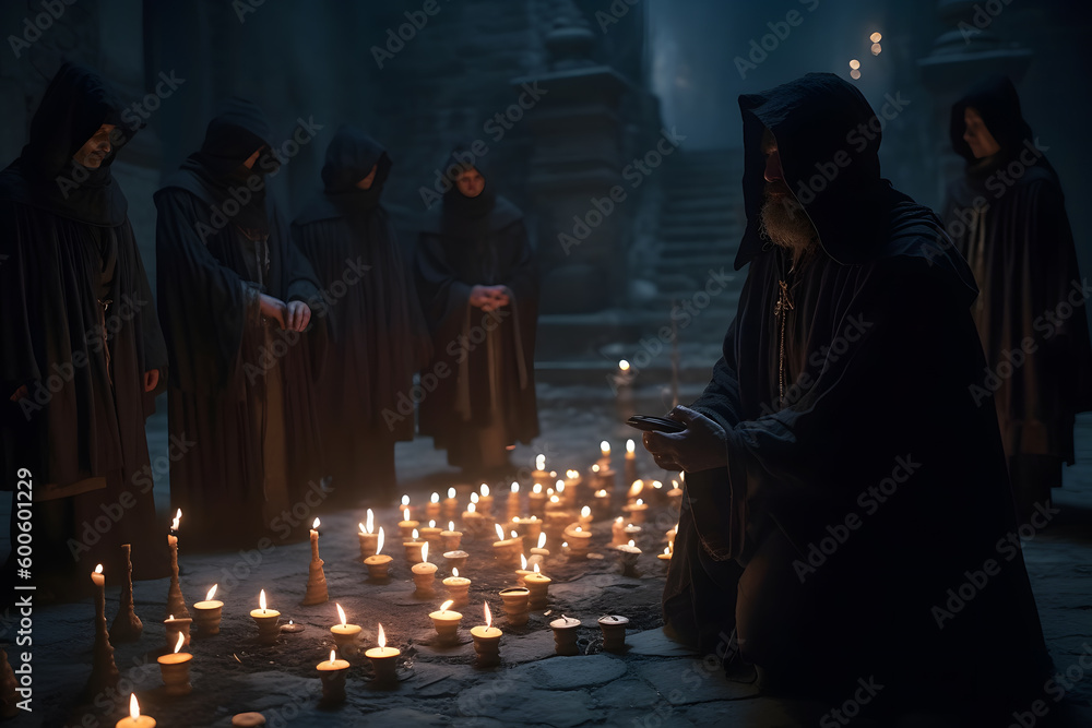 Ritual of medieval priests with candles in the temple. Neural network ...