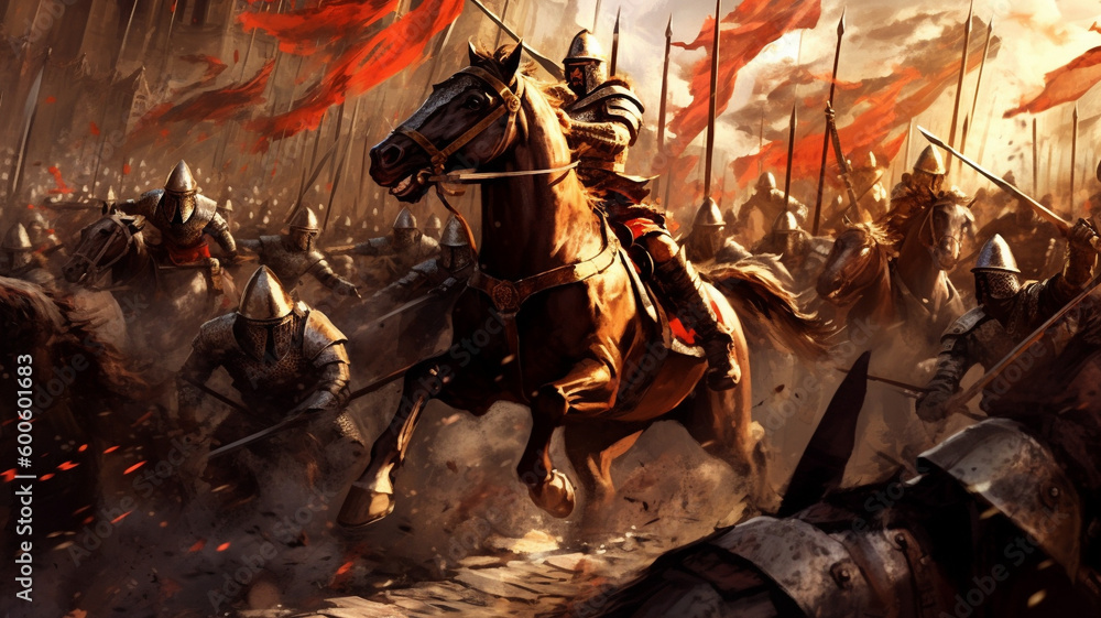 An epic battle scene with a medieval army charging into battle, horses ...