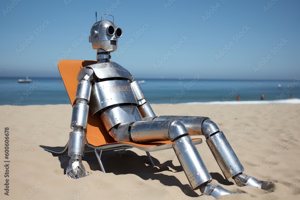future holidays, the robot is resting and sunbathing on the beach of ...