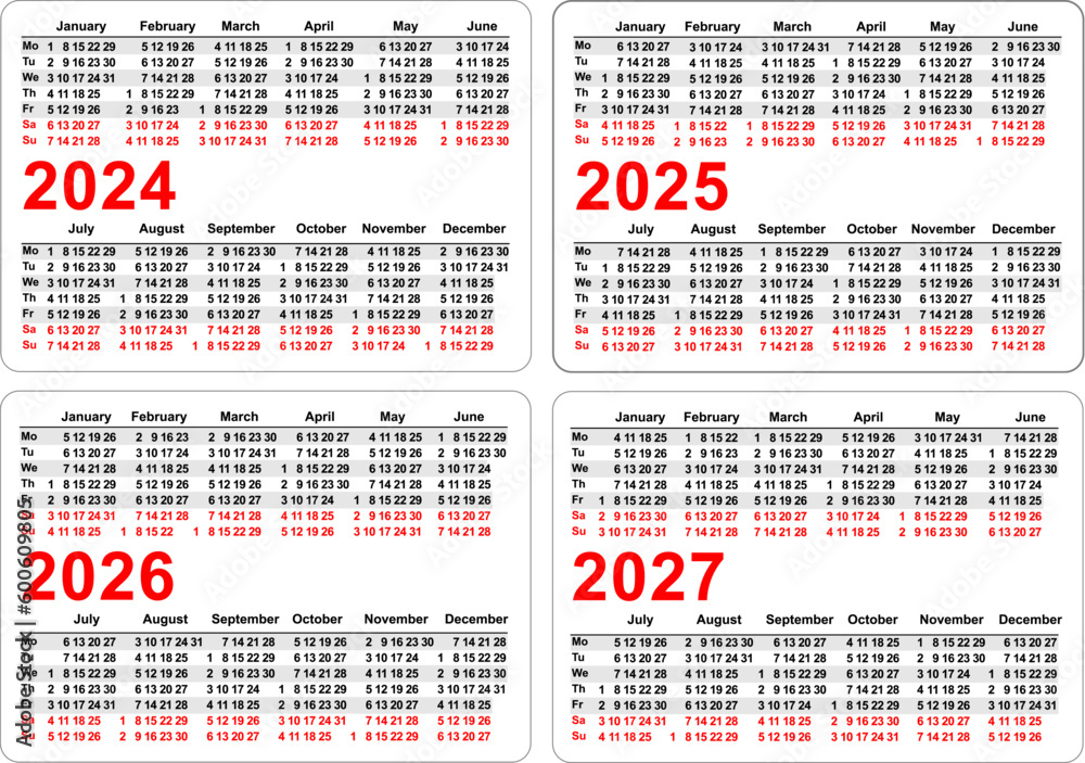 Set 2024, 2025, 2026, 2027 simple horizontal pocket calendar grid ... Set 2024, 2025, 2026, 2027 simple horizontal pocket calendar grid ...