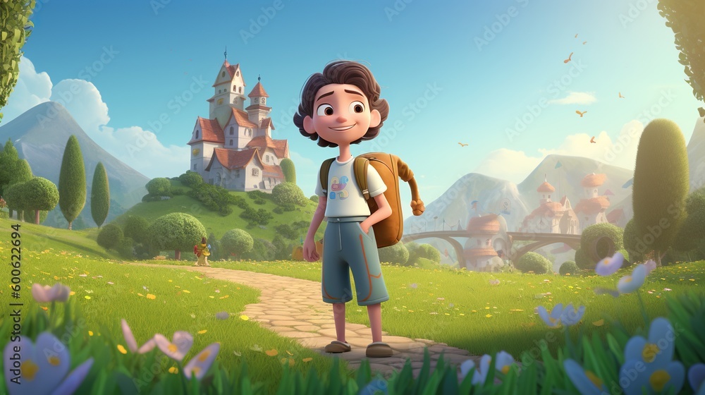 Animated boy with a backpack exploring an enchanted field near a castle ...