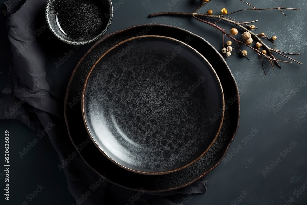 Black craft plate on dark stone table. Top view, copy space, Table ...