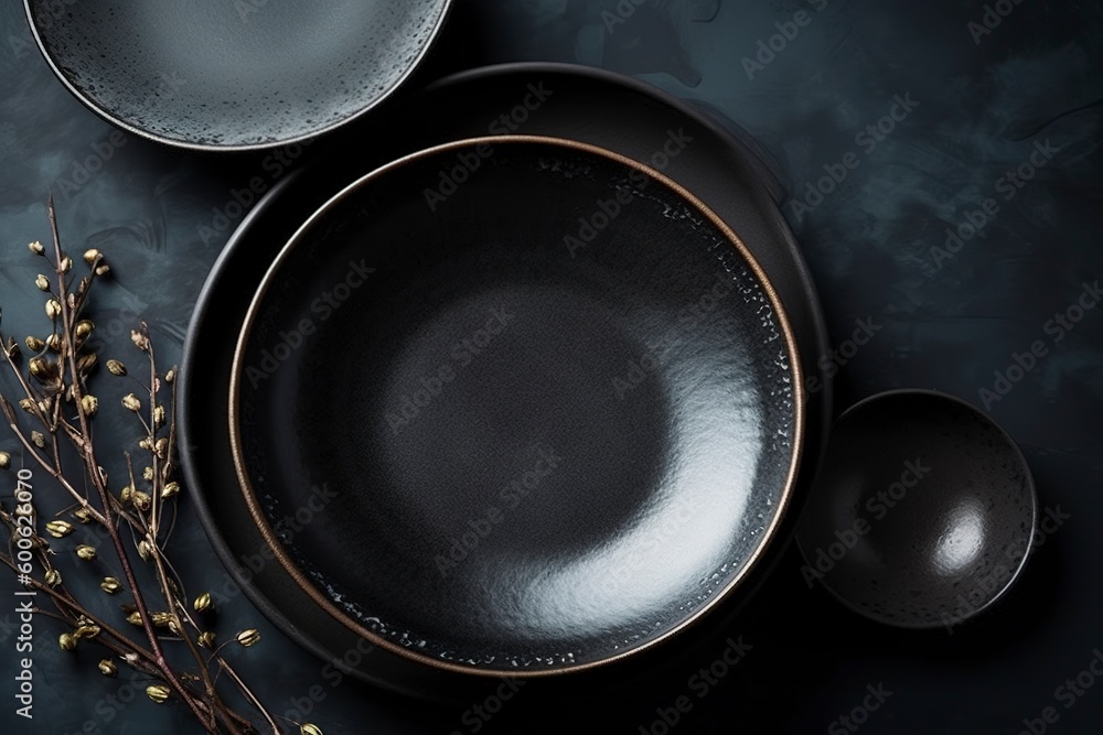 Black craft plate on dark stone table. Top view, copy space, Table ...