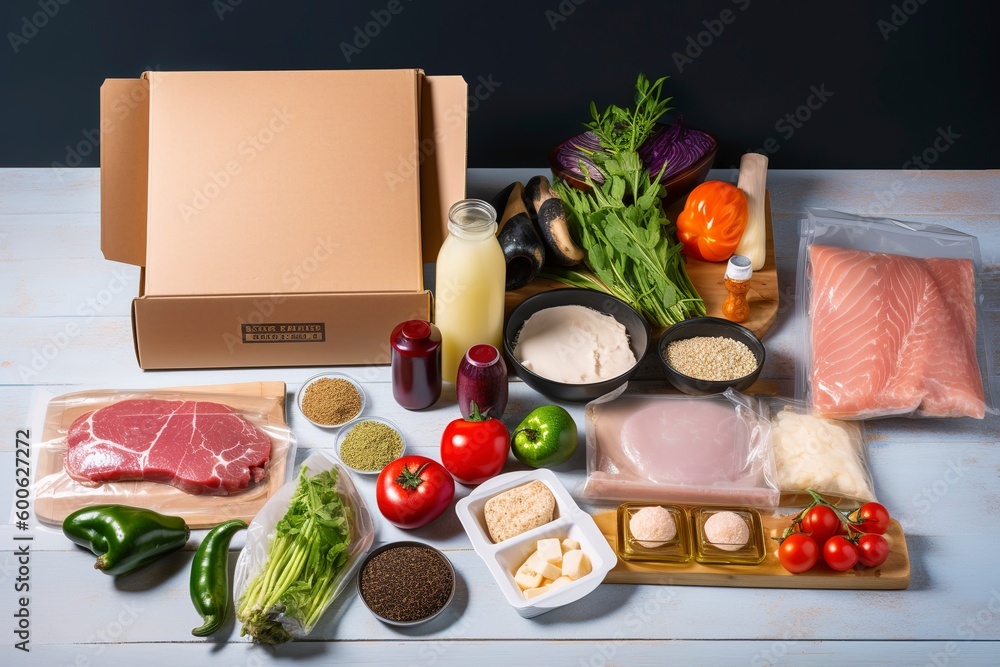 ภาพประกอบสต็อก Box with packed meat and vegetables on kitchen ...