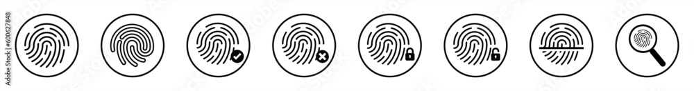 Fingerprint icon collection. Fingerprint lock and unlock, magnifying ...