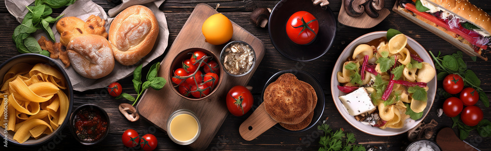 Table scene with a selection of delicious foods. Top view over a dark ...