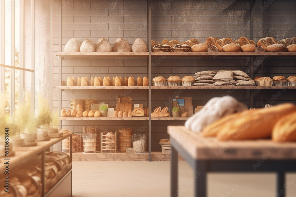 Eco-friendly bakery store with wooden wall, parquet floor, variety of ...