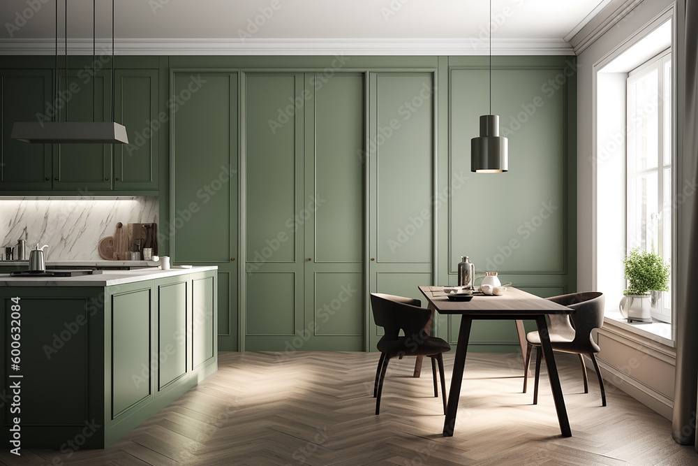 Blank sage green wall partition white baseboard on parquet floor in ...