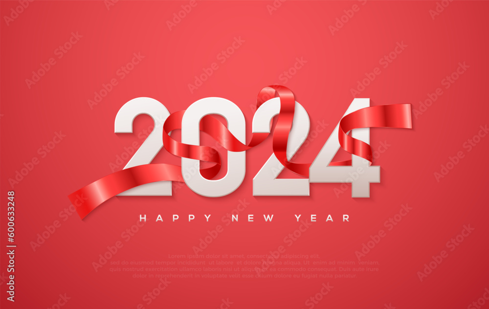 Happy New Year 2024, with white numbers wrapped around red ribbons ...